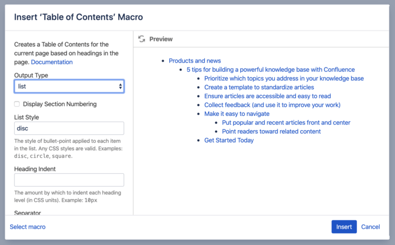 Confluence Table of Contents macro explained - Actonic – Unfolding your potential